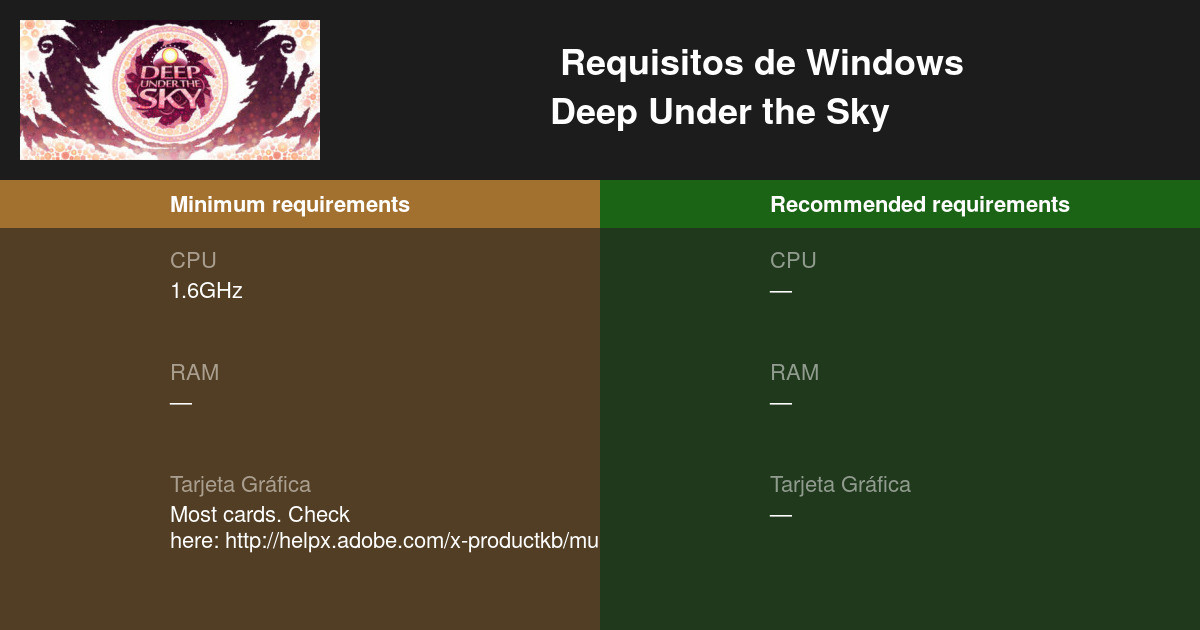 Deep Under the Sky Requisitos mínimos y recomendados 2025 - Prueba tu PC 🎮