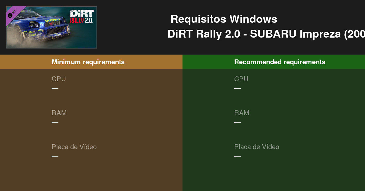 DiRT Rally 2.0 - SUBARU Impreza (2001) Requisitos Mínimos e ...