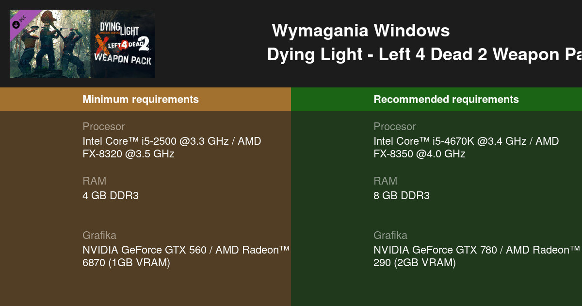 Dying Light - Left 4 Dead 2 Weapon Pack Wymagania systemowe 2025 — Czy ...