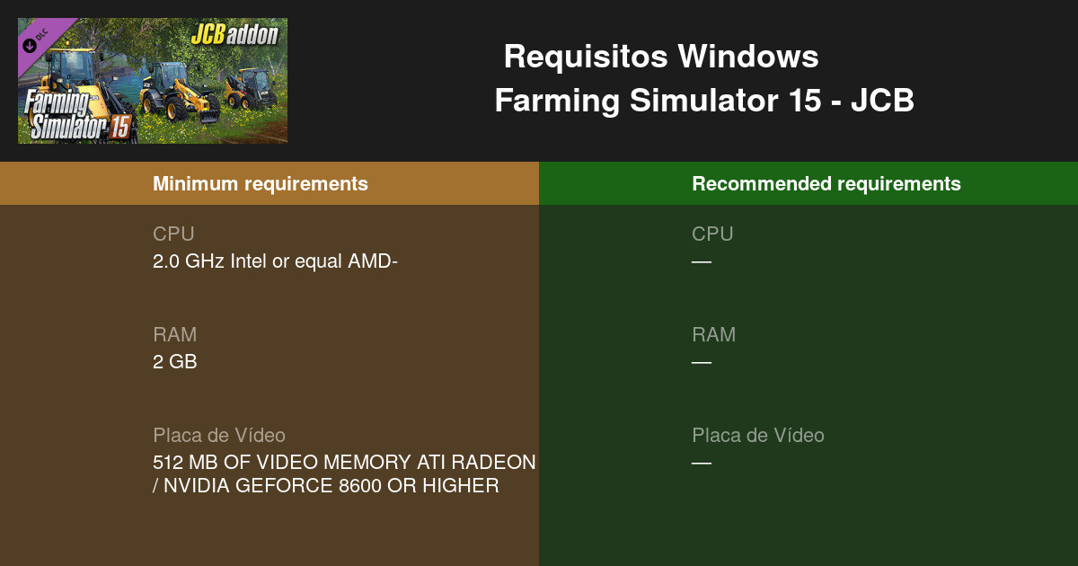 Farming Simulator 15 - JCB Requisitos Mínimos e Recomendados 2026 ...