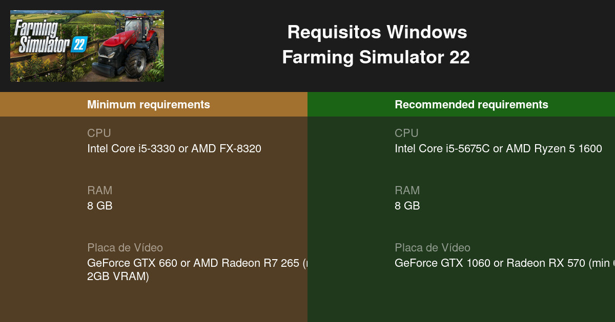 Farming Simulator 22 Requisitos Mínimos e Recomendados 2025 - Teste seu ...