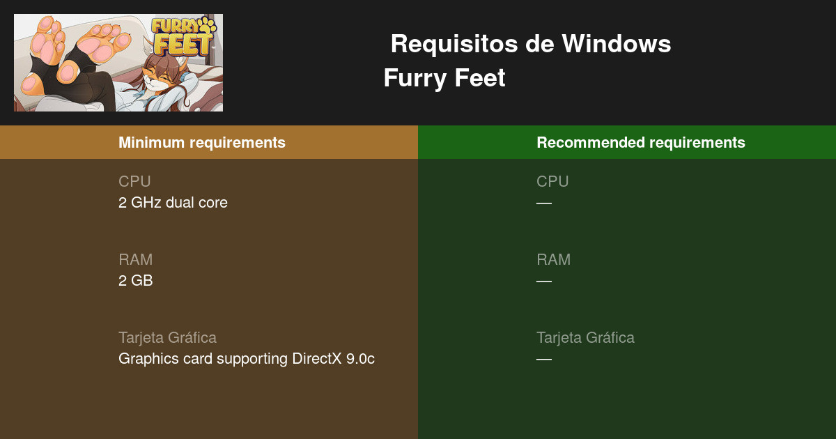 Furry Feet Requisitos mínimos y recomendados 2026 - Prueba tu PC 🎮