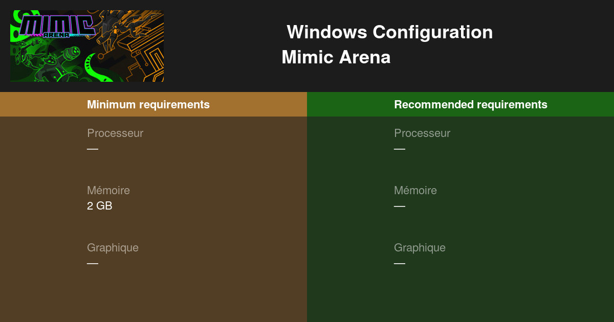 Mimic Arena Configuration requise 2026 - Testez votre PC 🎮