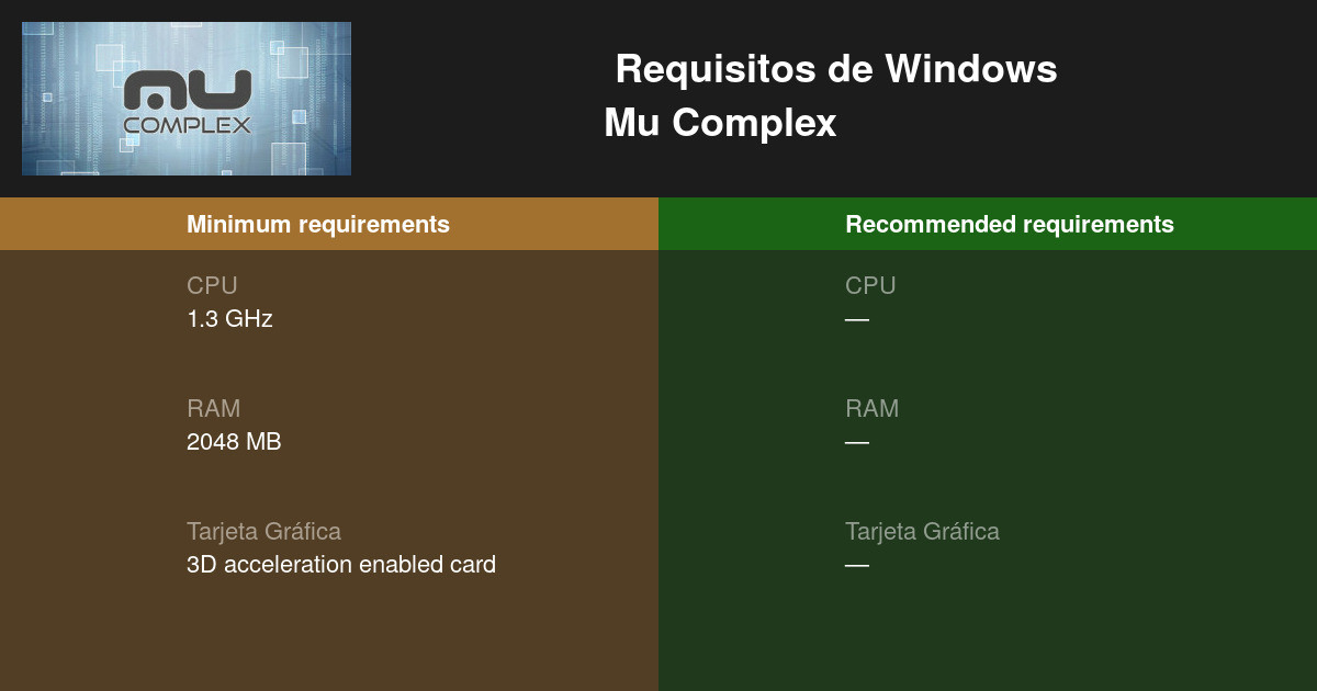 Mu Complex Requisitos mínimos y recomendados 2024 - Prueba tu PC 🎮