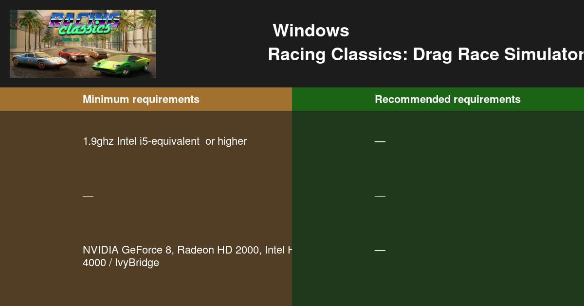 Racing Classics: Drag Race Simulator 시스템 요구 사항 2024 - PC 테스트 🎮