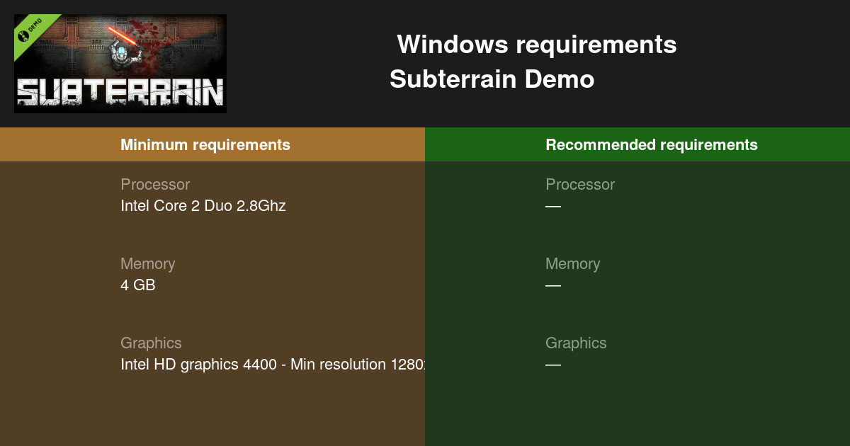 Subterrain Demo System Requirements — Can I Run Subterrain Demo on My PC?