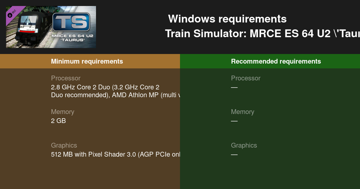 Train Simulator: MRCE ES 64 U2 'Taurus' Loco Add-On System Requirements ...